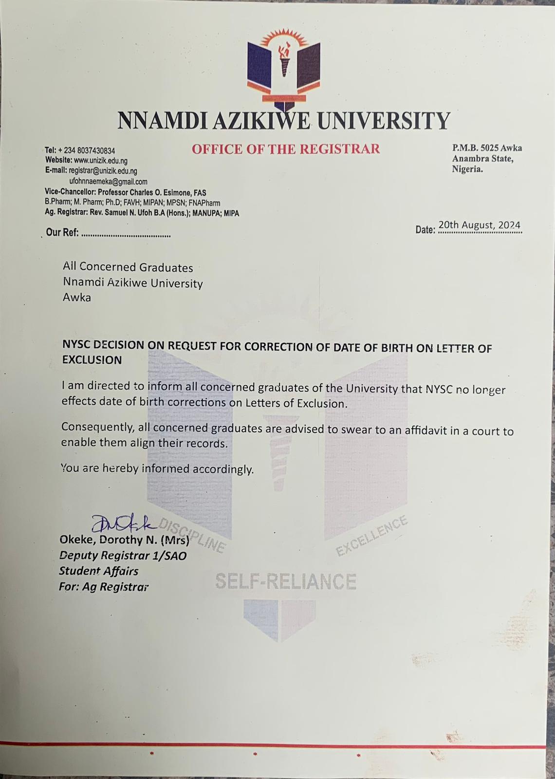 NYSC Decision on Request for Correction of Date of Birth on Letter of ...